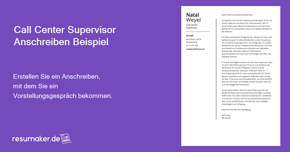 Call Center Supervisor Anschreiben Beispiel für 2025