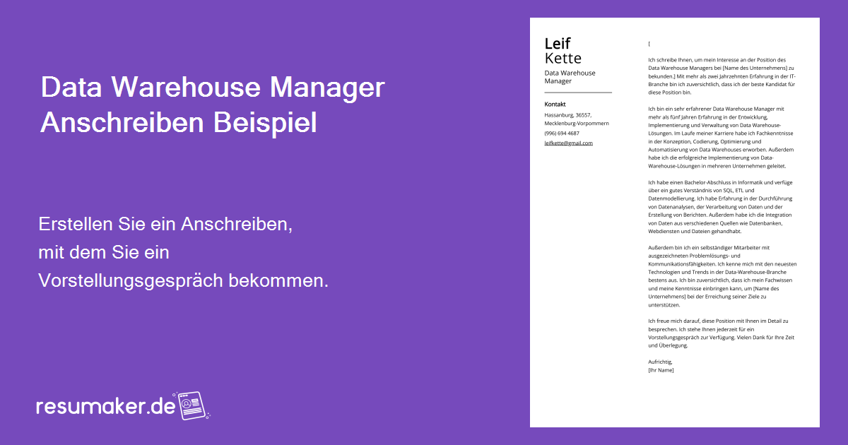 Data Warehouse Manager Anschreiben Beispiel für 2025