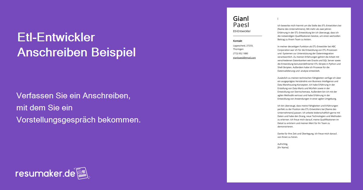 Etl-Entwickler Anschreiben Beispiel für 2024