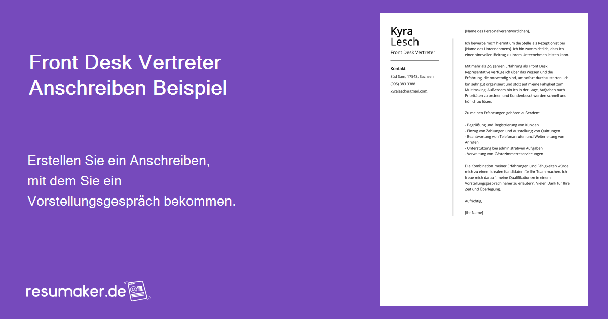 Anschreiben Front Desk Vertreter: Muster & Leitfaden (Einstiegs- und ...