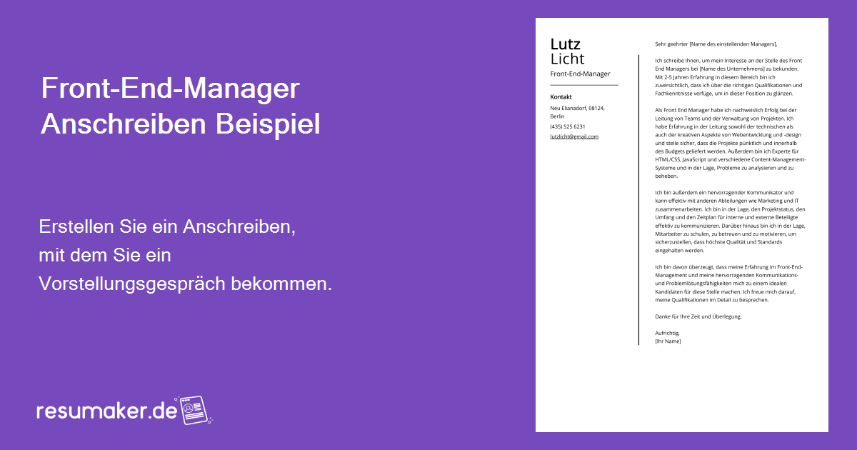 Anschreiben Front-End-Manager: Muster & Leitfaden (Einstiegs- und ...