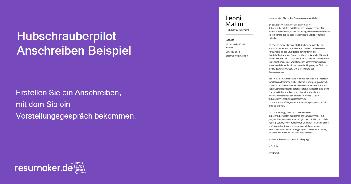 Anschreiben Hubschrauberpilot: Muster & Leitfaden (Einstiegs- und ...