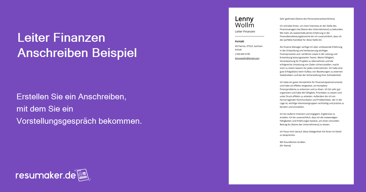 Anschreiben Leiter Finanzen: Muster & Leitfaden (Einstiegs- und ...