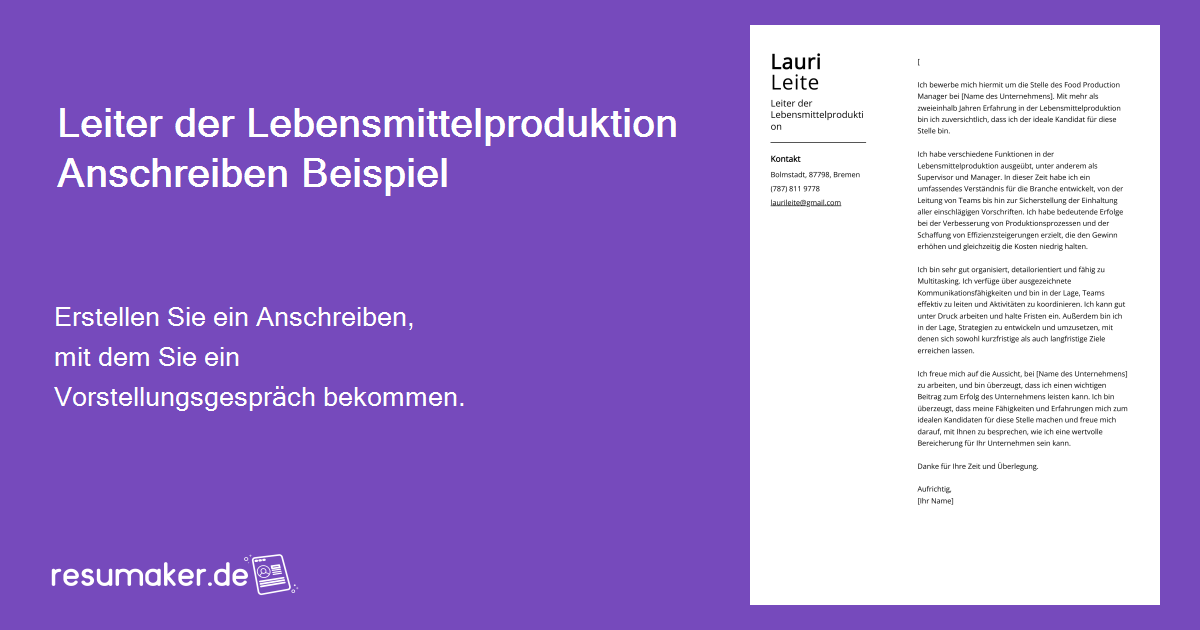 Anschreiben Leiter der Lebensmittelproduktion: Muster & Leitfaden ...