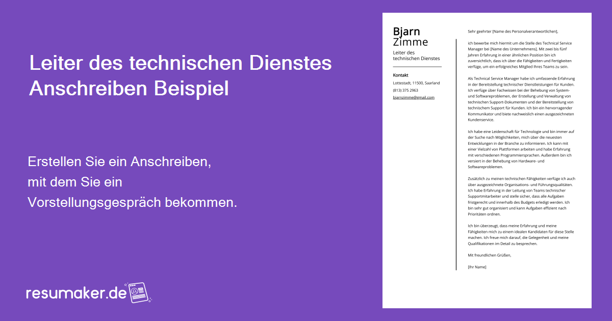 Leiter des technischen Dienstes Anschreiben Beispiele (Vorlage & 20+ Tipps)
