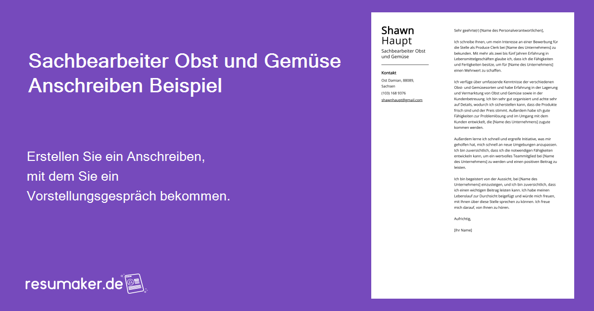 Sachbearbeiter Obst und Gemüse Anschreiben Beispiele (Vorlage & 20+ Tipps)