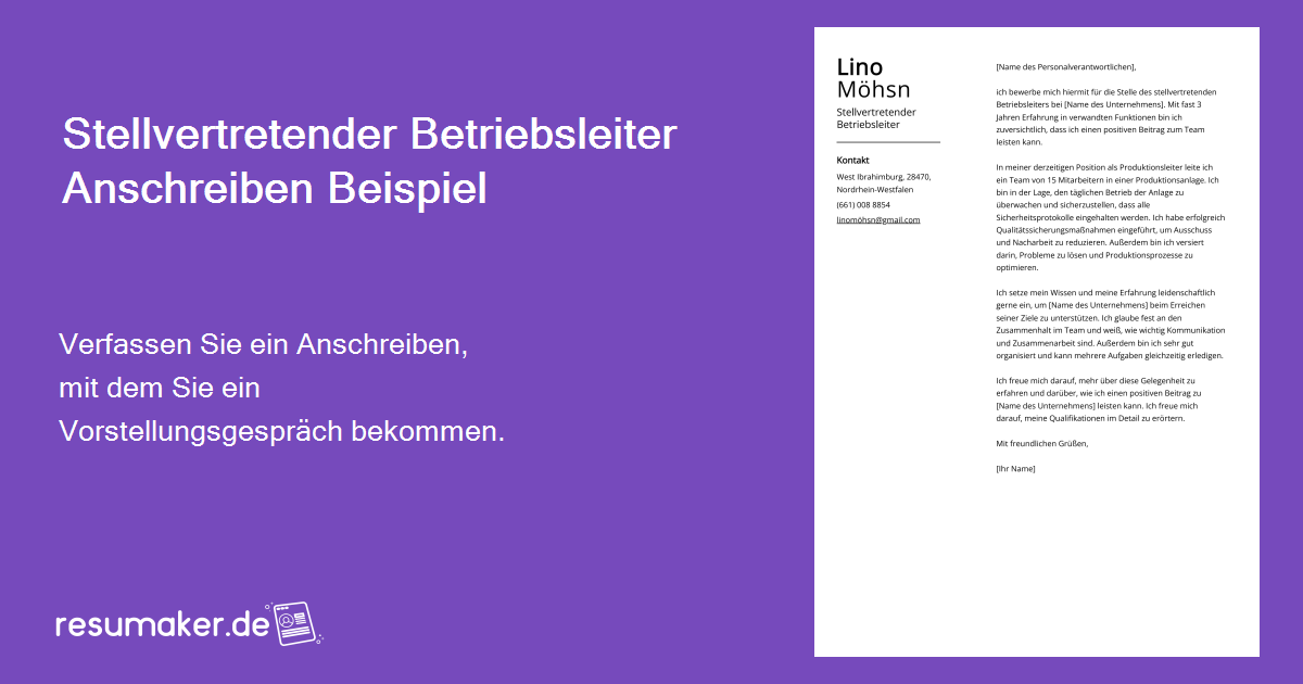 Stellvertretender Betriebsleiter Anschreiben Beispiel für 2024 Stellvertretender Betriebsleiter Anschreiben Beispiel für 2024