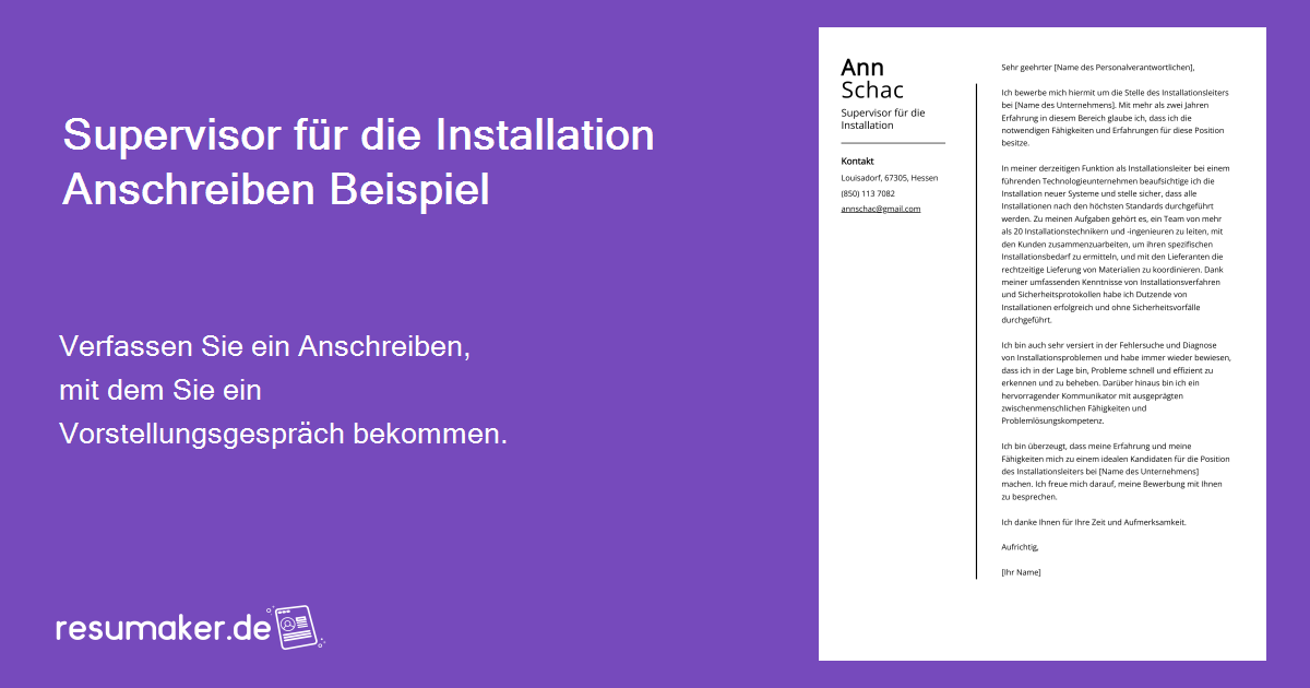 Anschreiben Supervisor für die Installation: Muster & Leitfaden ...