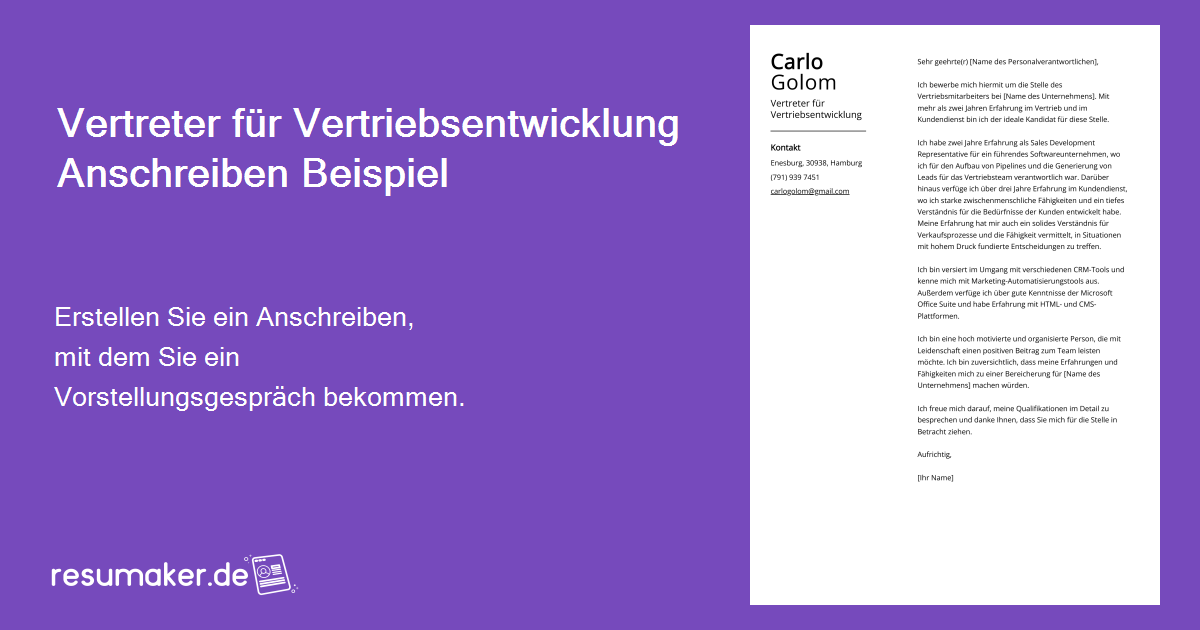 Vertreter für Vertriebsentwicklung Anschreiben Beispiele (Vorlage & 20 ...